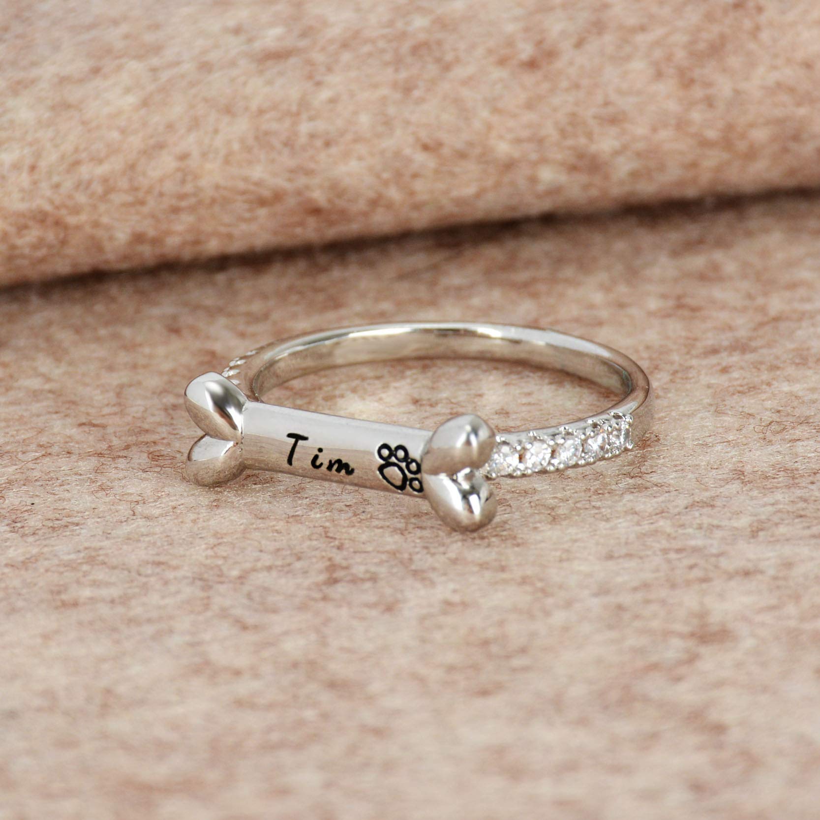 handmadejewelry Personalized Bone Shape Name Ring Pet Dainty Ring with Cubic Zirconia Engraved Puppy Dog Cat Pet Lover Custom Gifts for Men Women Girls (dog bone)