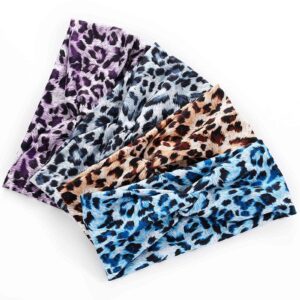 Acenail Leopard Boho Headbands Criss Cross Hair Bands Nonslip Elastic Headwrap Cloth Twist Hair Scarfs Yoga Headwear Workout Headpiece Stretch Hair Accessories for Women and Girls 4Pcs