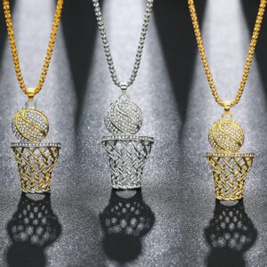 COLORFUL BLING 14k Gold Hiphop Rhinestone Basketball Necklace Punk Basketball Chain Box Pendant Necklace Sports Rock Necklace for Men Women - Silver