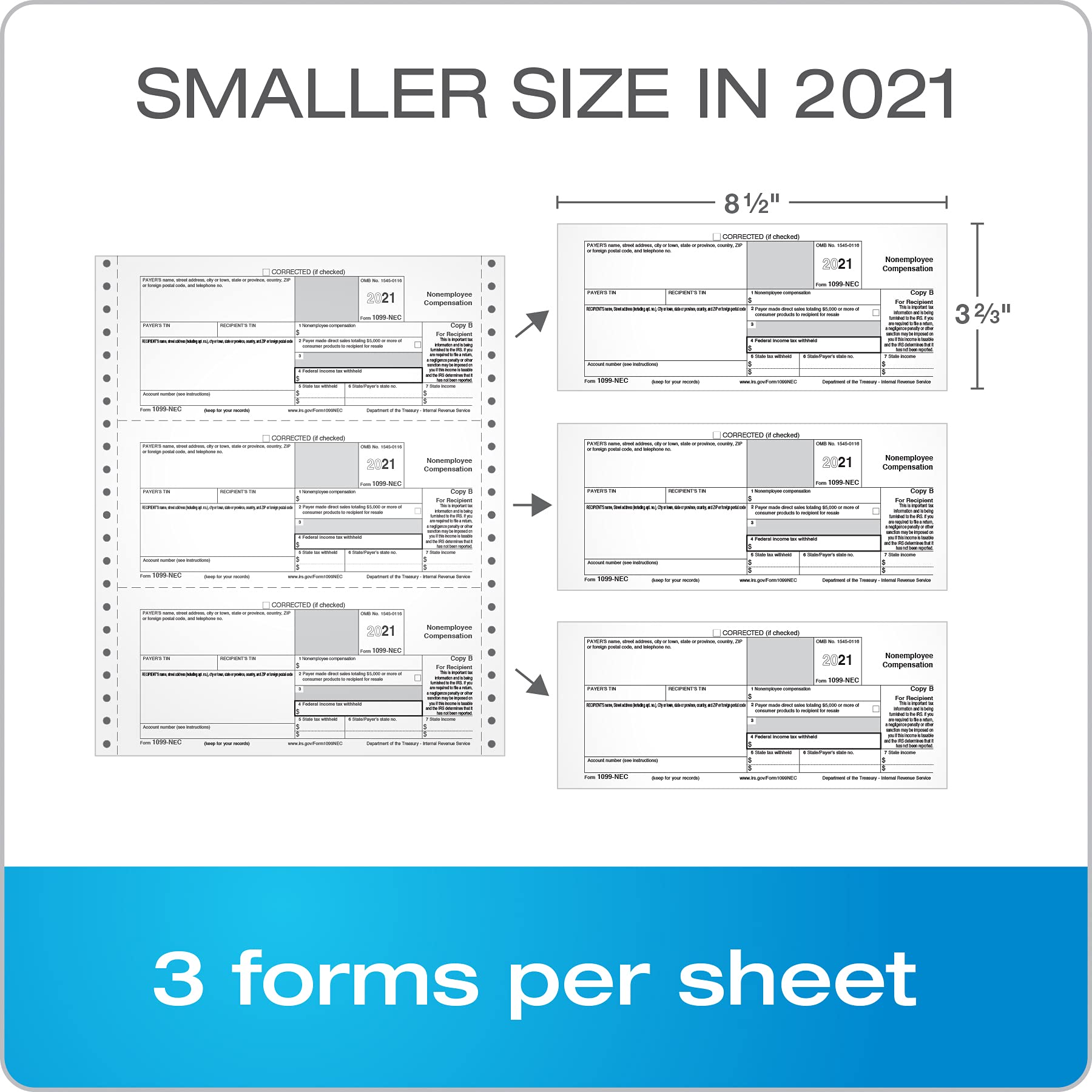 Adams 1099 NEC 3 Up 2021 Continuous Forms, 4 Part Carbonless Forms, for Pin Fed Dot Matrix Printers, with 3 1096, 20 Pack (TXA2299-NEC21)