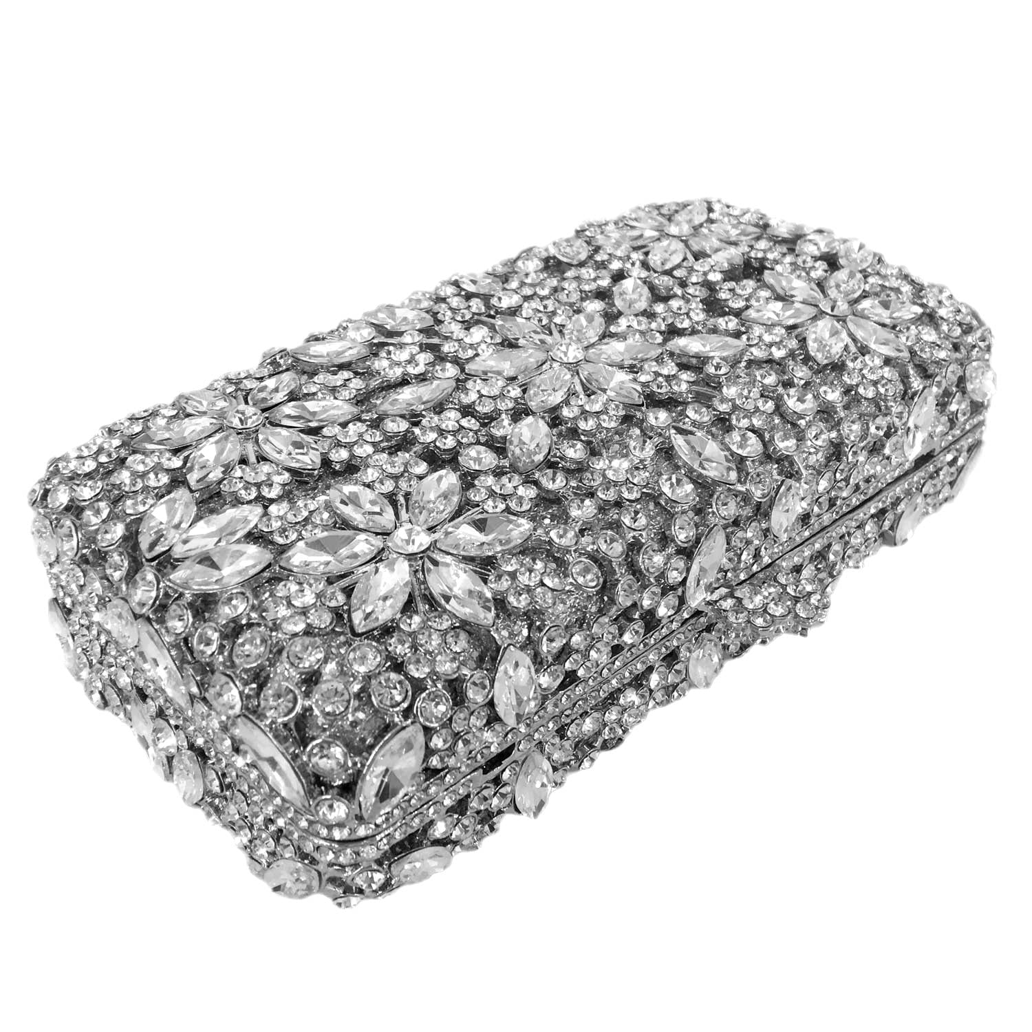 Boutique De FGG Flower Silver Crystal Clutch Purses and Handbags Women Evening Bags Wedding Bridal Rhinestone Clutch Bag