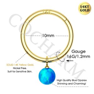 COCHARM 14k Solid Gold Hoop Belly Button Rings for Women 16g Tiny Blue Opal Dangling Belly Button Hoop 14K Real Gold Hoop Belly Piercing Hoop Navel Rings