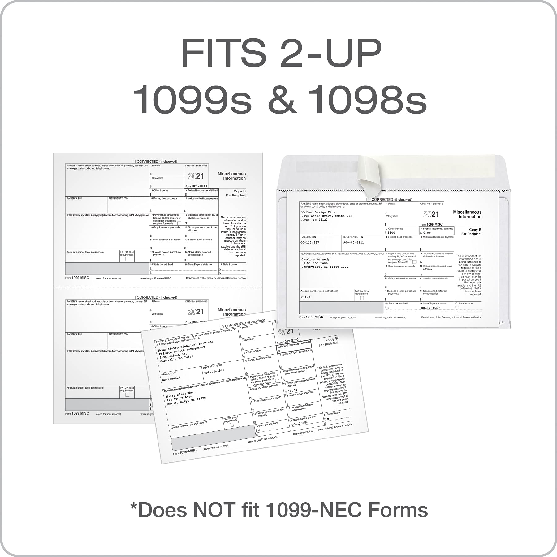 Adams 1099 Self Seal Double Window Security Tinted Envelopes, for 1099 Forms, 2-Up, Peel and Seal Closure, 5-5/8"" x 9"", 50 per Pack (TXA1099PS-2)