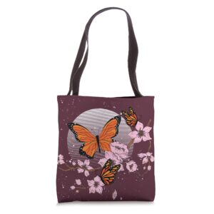 floral japanese cherry blossom flower sakura retro butterfly tote bag