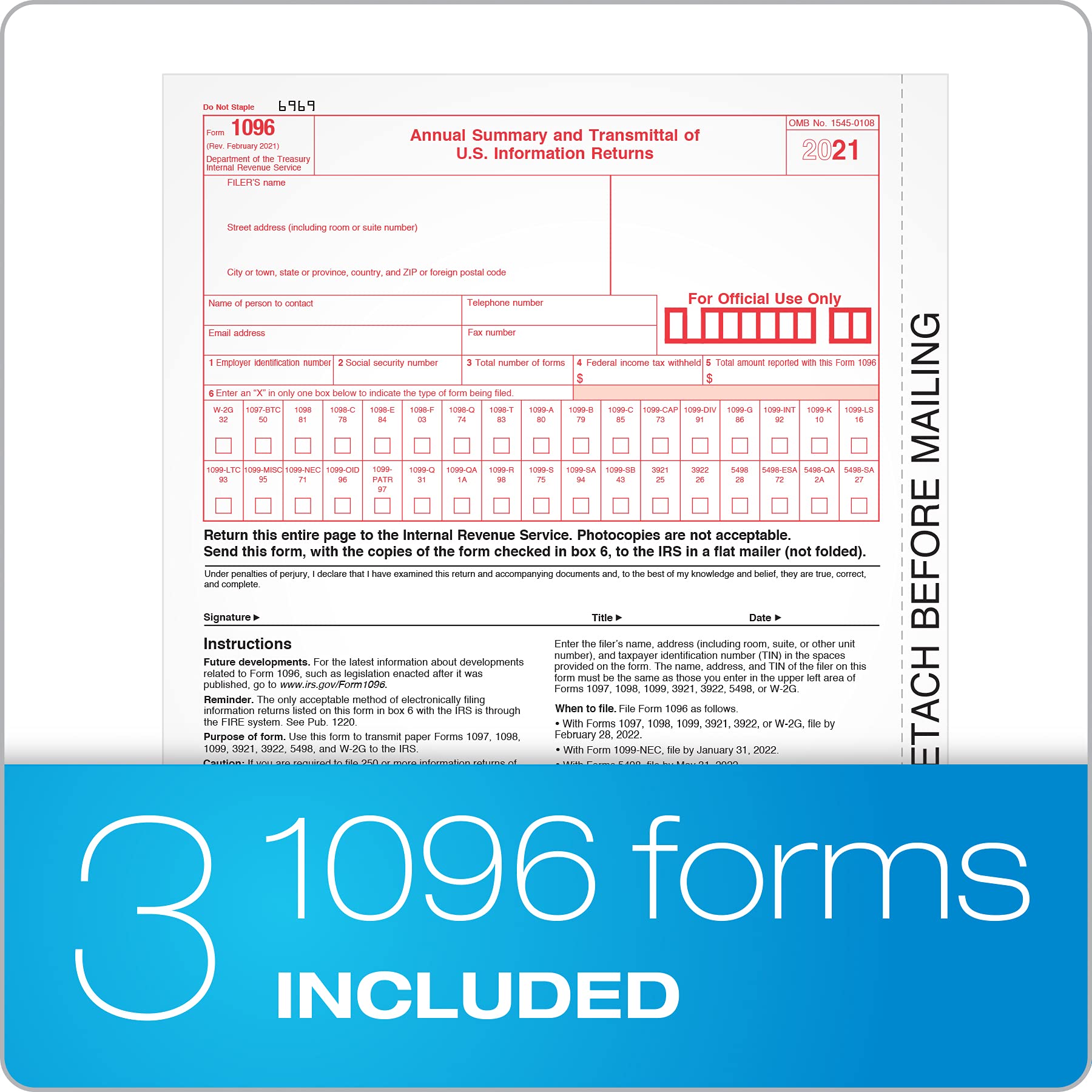 Adams 1099 NEC 3 Up 2021 Continuous Forms, 4 Part Carbonless Forms, for Pin Fed Dot Matrix Printers, with 3 1096, 20 Pack (TXA2299-NEC21)