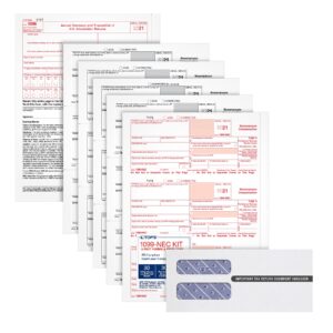 tops 1099 nec 3 up forms 2021, tax forms kit for 30 recipients, 5 part nec tax form sets with self seal 1099 envelopes and 3 1096 (tx22905kit-ne21)