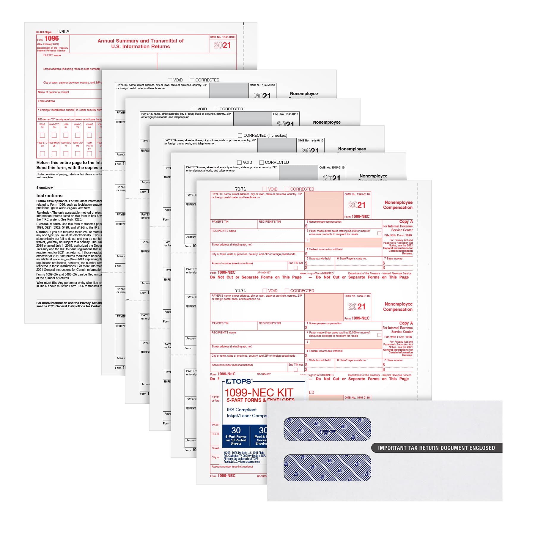 TOPS 1099 NEC 3 Up Forms 2021, Tax Forms Kit for 30 Recipients, 5 Part NEC Tax Form Sets with Self Seal 1099 Envelopes and 3 1096 (TX22905KIT-NE21)