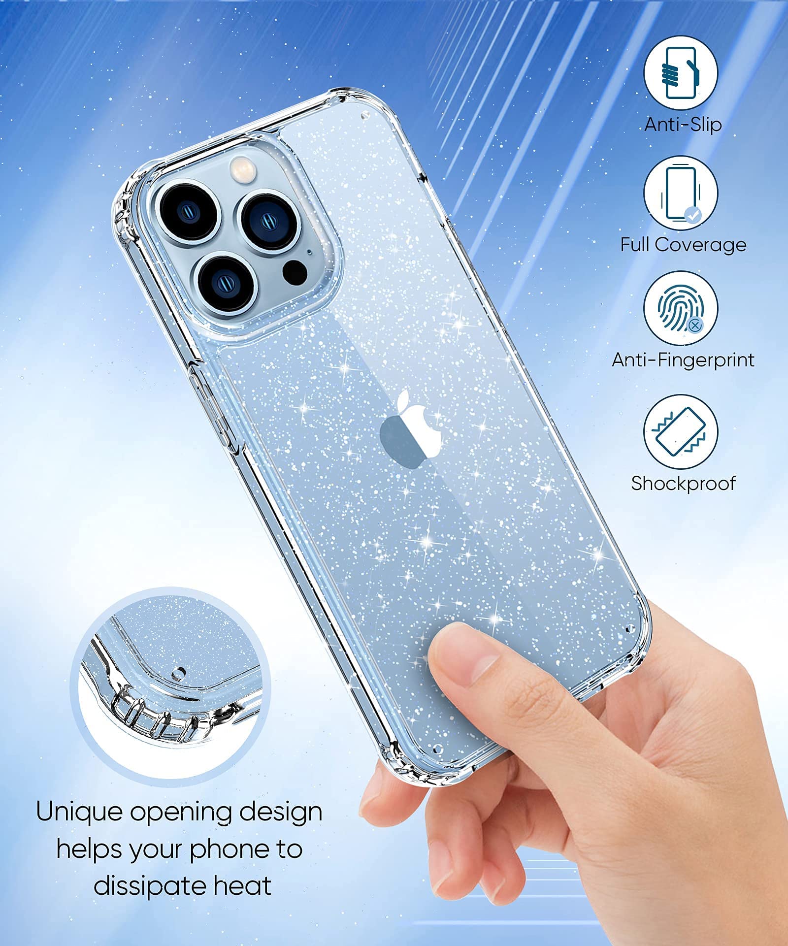 MIODIK for iPhone 13 Pro Case Clear Glitter, with Screen Protector + Camera Lens Protector, [Non-Yellowing] Crystal Women Girls Protective Shockproof Phone Case 6.1 inch - Sparkle Clear