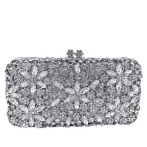 Boutique De FGG Flower Silver Crystal Clutch Purses and Handbags Women Evening Bags Wedding Bridal Rhinestone Clutch Bag