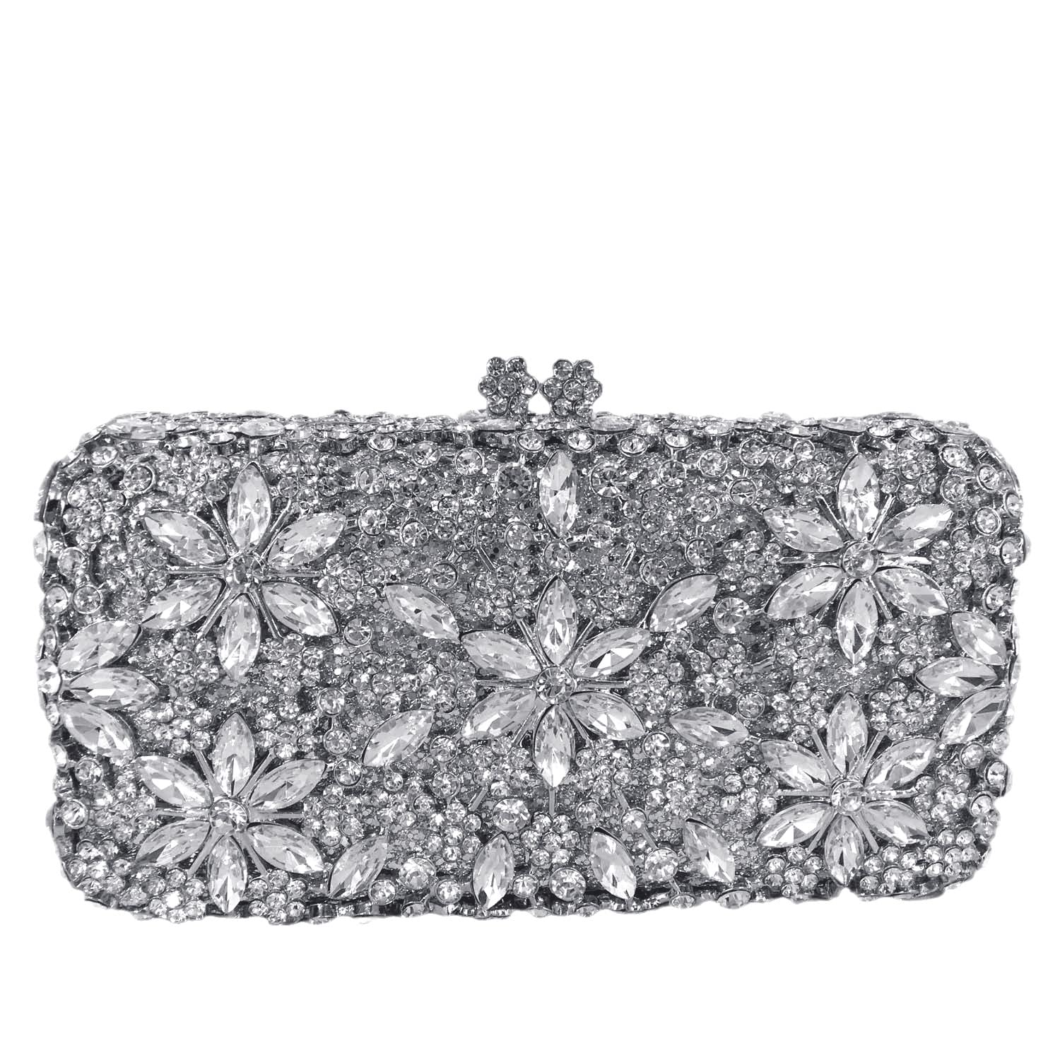 Boutique De FGG Flower Silver Crystal Clutch Purses and Handbags Women Evening Bags Wedding Bridal Rhinestone Clutch Bag