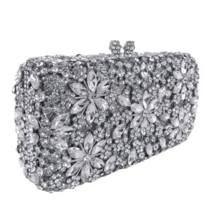 Boutique De FGG Flower Silver Crystal Clutch Purses and Handbags Women Evening Bags Wedding Bridal Rhinestone Clutch Bag