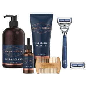 king c. gillette grooming kit, 1 razor with 2 blade refills,1 oz beard oil, 11 oz beard wash, 5 oz shave gel, 1 comb