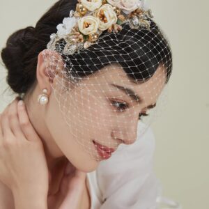 BABEYOND 1920s Fascinator Mesh Flower Pearl Veil Headband Bridal Wedding Tea Party Fascinator Veil for Women