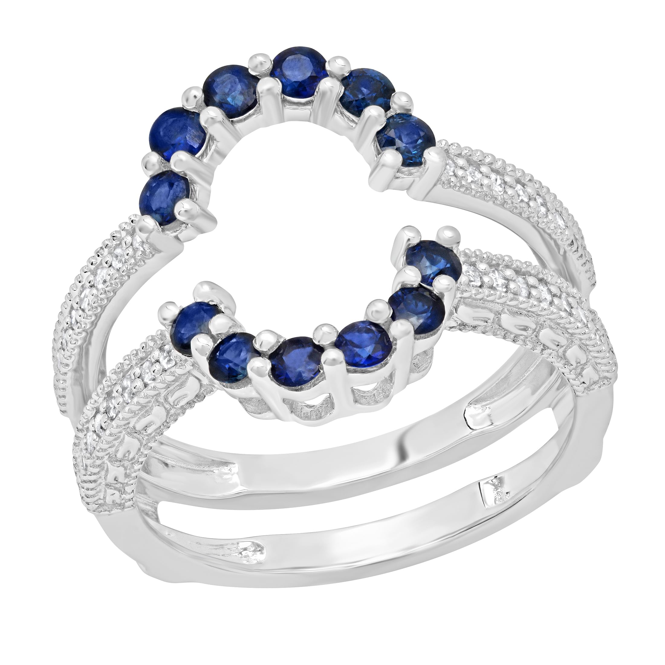 Dazzlingrock Collection Round Blue Sapphire & White Diamond Ladies Enhancer Curved Double Guard Matching Wedding Band | 925 Sterling Silver, Size 9.5