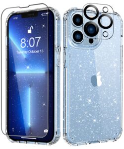 miodik for iphone 13 pro case clear glitter, with screen protector + camera lens protector, [non-yellowing] crystal women girls protective shockproof phone case 6.1 inch - sparkle clear