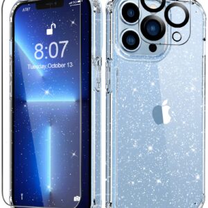 MIODIK for iPhone 13 Pro Case Clear Glitter, with Screen Protector + Camera Lens Protector, [Non-Yellowing] Crystal Women Girls Protective Shockproof Phone Case 6.1 inch - Sparkle Clear