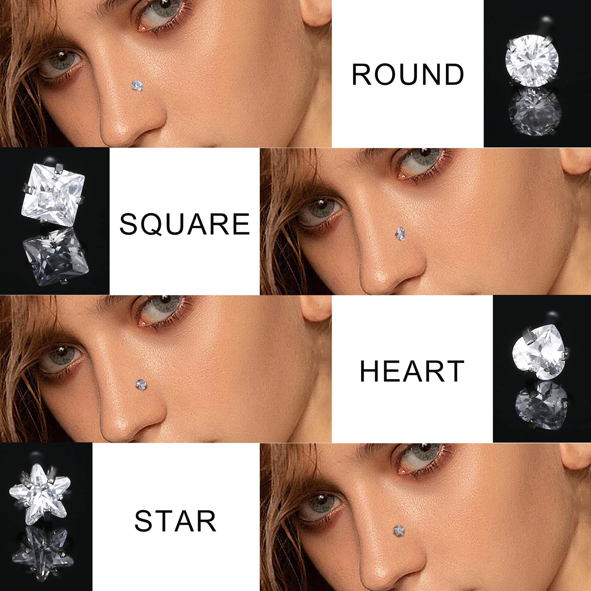 VALDEAS 21Pcs 20G Nose Rings Hoops 316L Stainless Steel Nose Rings for Women Assorted Shapes Cubic Zirconia Nose Studs Set A