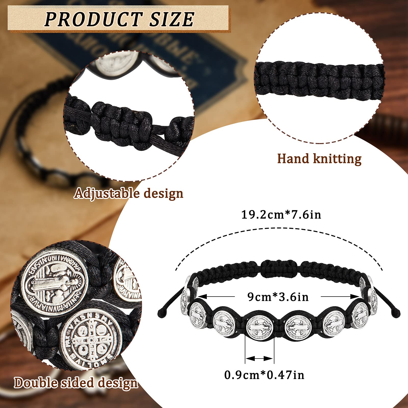 Hicarer 6 Pcs Protection Bracelet Benedict Cord Wrist Bracelets Adjustable Medal Rosary Bracelet Catholic Gifts for Women Men (Classic)