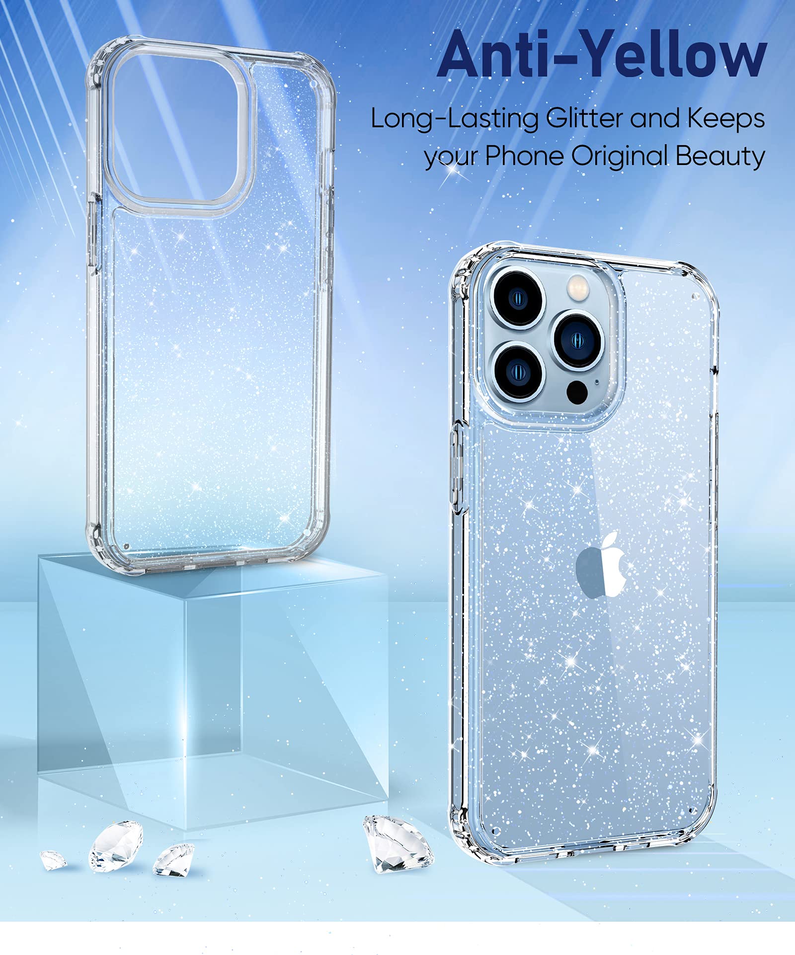 MIODIK for iPhone 13 Pro Case Clear Glitter, with Screen Protector + Camera Lens Protector, [Non-Yellowing] Crystal Women Girls Protective Shockproof Phone Case 6.1 inch - Sparkle Clear