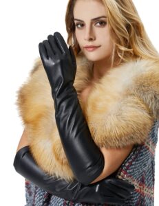 vikideer elegant winter black long leather gloves for women full touchscreen womens ladies warm lined genuine leather gloves 19.6'' black midium