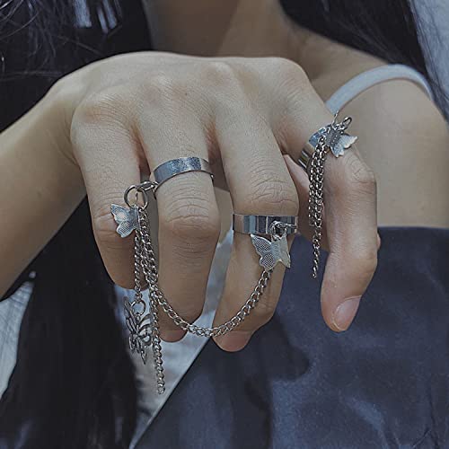 ZZ ZINFANDEL Gothic Punk Chain Finger Rings Set, 17PCS Adjustable Stackable Vintage Silver Rings for Women Men,Happy Cross Butterfly Knuckle Rings (Silver)