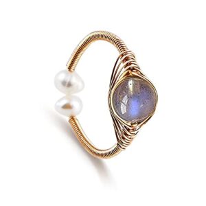 retro natural crystal stone inlay ring, vintage wire wrap real carnelian crystal ring, glittering natural moonstone ring for women girls vintage victorian style healing crystal 14k gold jewelry-moon