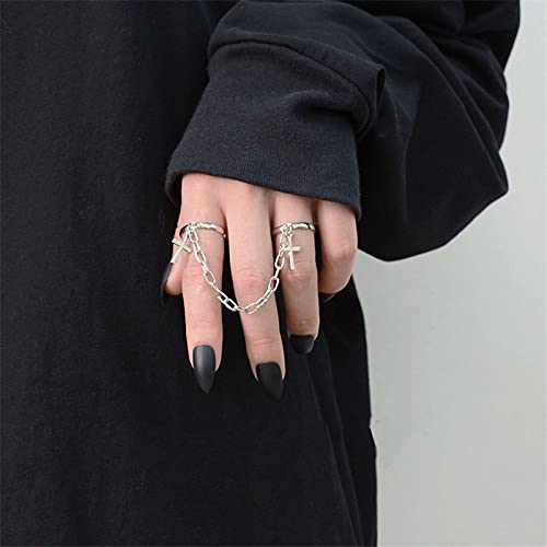 ZZ ZINFANDEL Gothic Punk Chain Finger Rings Set, 17PCS Adjustable Stackable Vintage Silver Rings for Women Men,Happy Cross Butterfly Knuckle Rings (Silver)