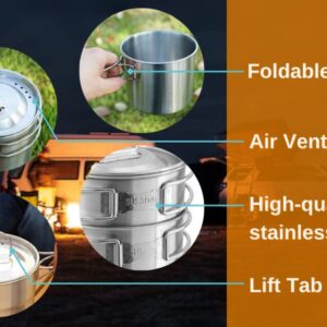 BeGrit Camping Pots Camping Cups and Mugs 304 Stainless Steel with Folding Spoon, Vented Lids