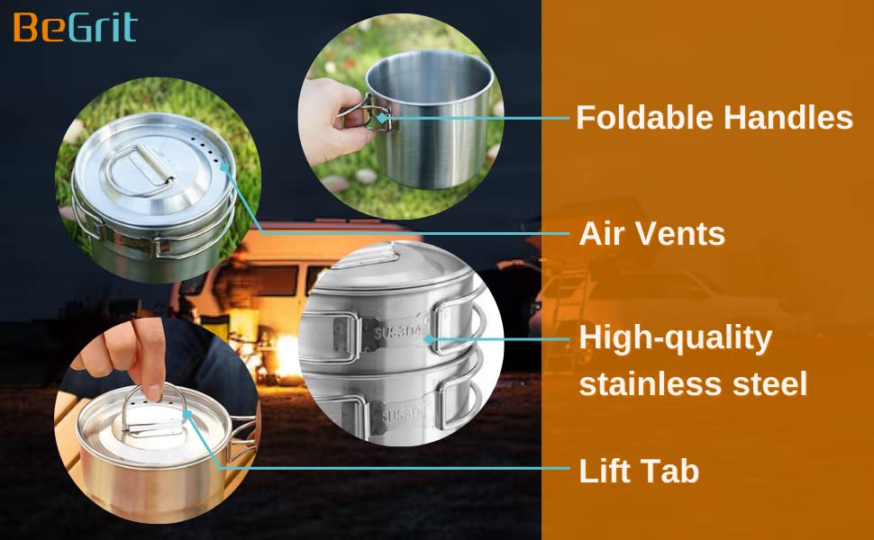 BeGrit Camping Pots Camping Cups and Mugs 304 Stainless Steel with Folding Spoon, Vented Lids