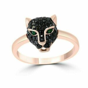 drishya fashion 1.80 ct round cut simulated black diamond & green emerald panther head engagement ring 14k rose gold plated (6)