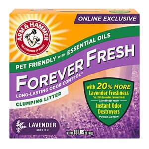 arm & hammer forever fresh clumping cat litter lavender, multicat 18lb with 20% more lavender freshness, pet friendly with essential oils