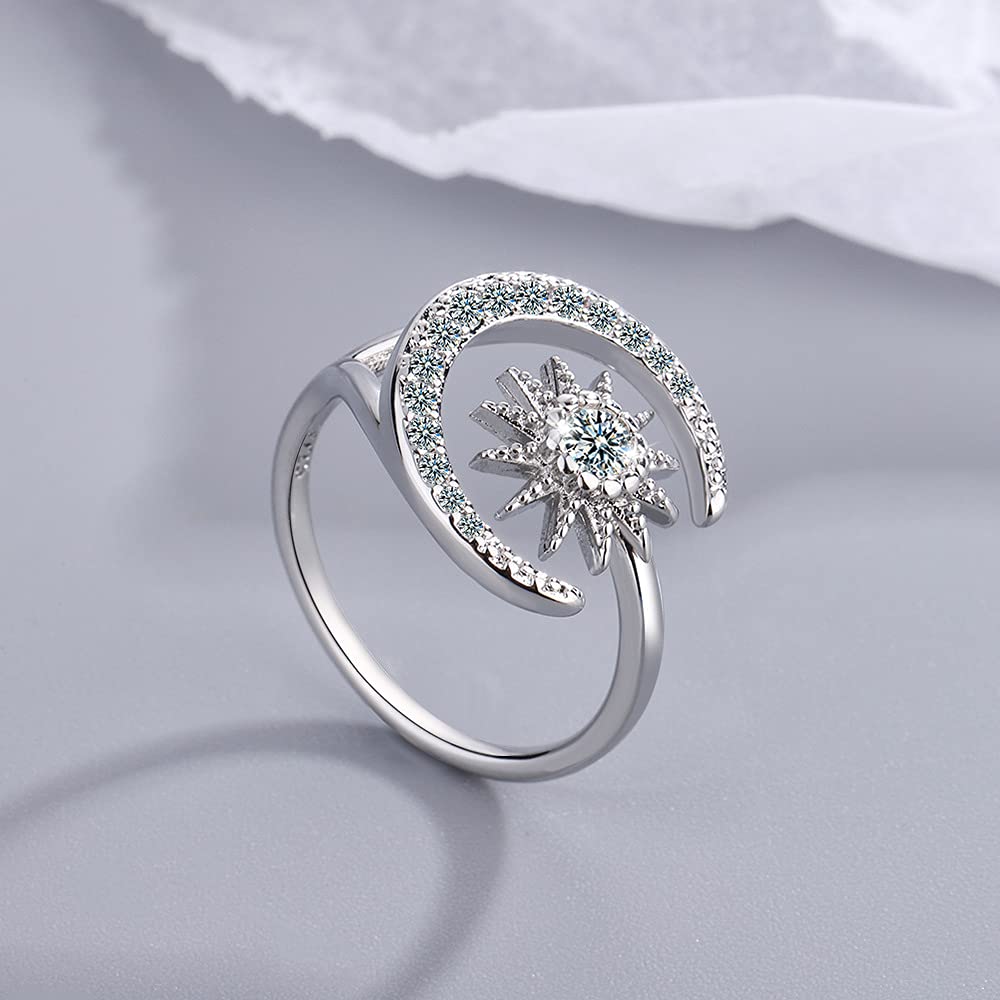 Izpack CZ Sun Moon Open Statement Ring Crystal Cubic Zirconia Crescent Moon Adjustable Finger Bands Promise Engagement Wedding Band Eternity Rings Minimalist Christmas Jewelry Gifts for Women Girls