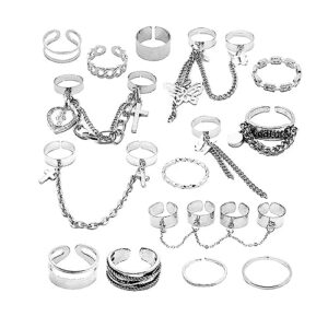 zz zinfandel gothic punk chain finger rings set, 17pcs adjustable stackable vintage silver rings for women men,happy cross butterfly knuckle rings (silver)