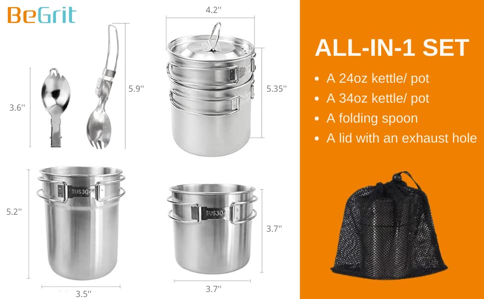 BeGrit Camping Pots Camping Cups and Mugs 304 Stainless Steel with Folding Spoon, Vented Lids