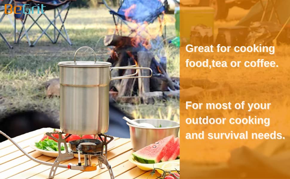 BeGrit Camping Pots Camping Cups and Mugs 304 Stainless Steel with Folding Spoon, Vented Lids