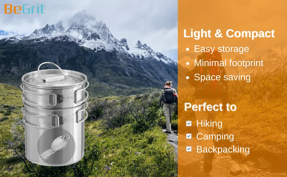 BeGrit Camping Pots Camping Cups and Mugs 304 Stainless Steel with Folding Spoon, Vented Lids