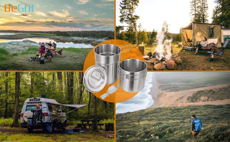 BeGrit Camping Pots Camping Cups and Mugs 304 Stainless Steel with Folding Spoon, Vented Lids