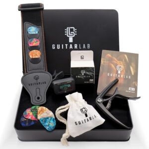 guitar accessories kit - premium metal tin with guitar strap, capo, tuner & picks for acoustic, bass, electric & ukelele guitars