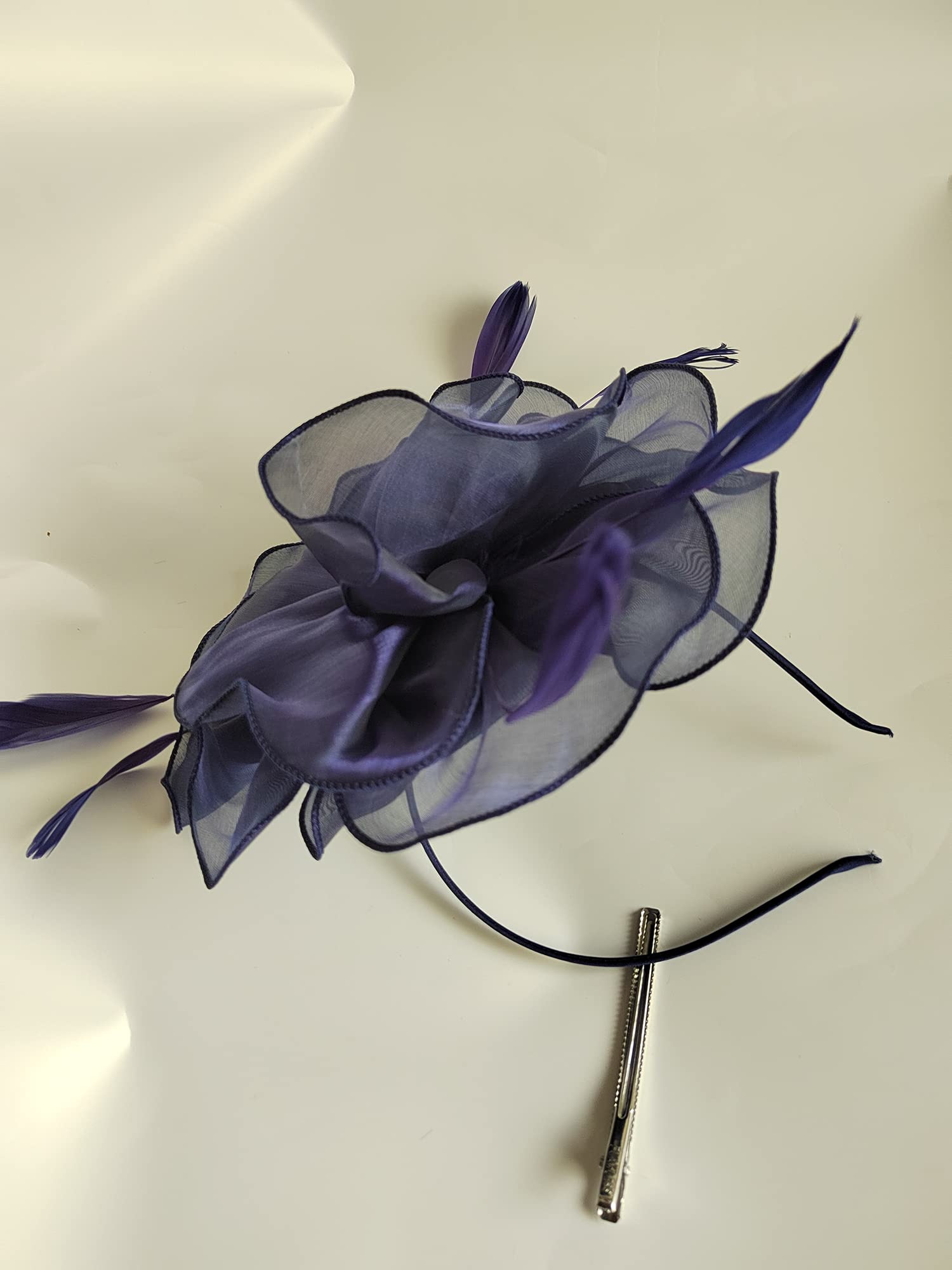 Women Organza Fascinator Hat Flower Feather Fascinators Tea Party Hat Headwear Fascinator Headband for Wedding Evening Church Navy