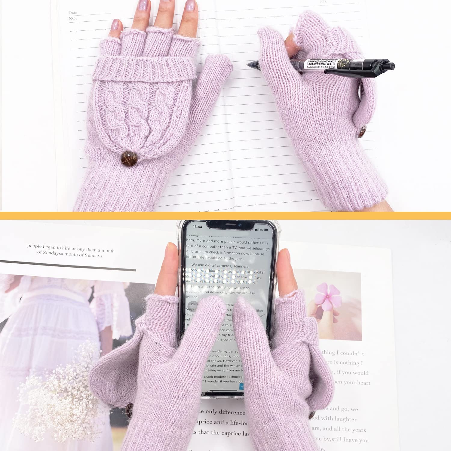 Beurlike Women's Winter Gloves Warm Wool Knitted Convertible Fingerless Mittens (Purple)