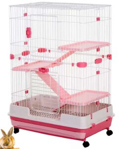 pink extra large deluxe indoor outdoor multi-level guinea pig chinchilla ferret squirrel hedgehog kitten rabbit bunny hutch house critter habitat removable washable tray with lockable casters