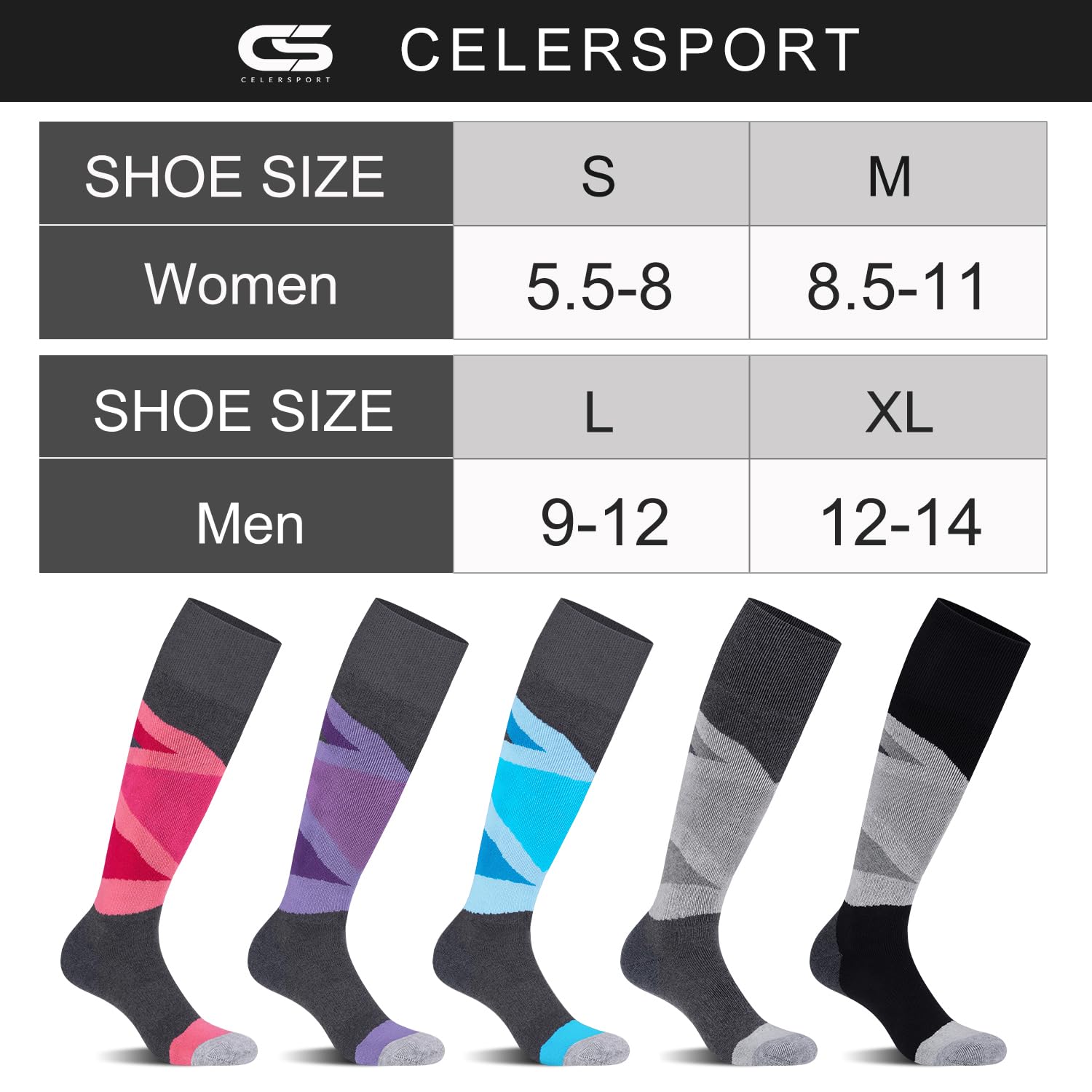 CS CELERSPORT 2 Pack Merino Wool Women's Ski Socks with Full Cushion, Winter Warm Thermal Socks for Skiing Snowboarding, Dark Grey + Rose, Medium