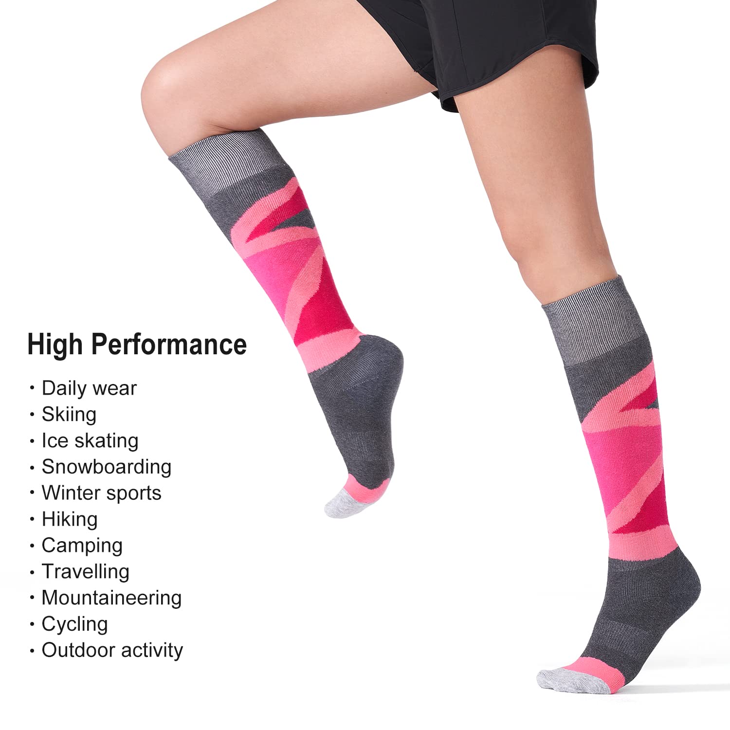 CS CELERSPORT 2 Pack Merino Wool Women's Ski Socks with Full Cushion, Winter Warm Thermal Socks for Skiing Snowboarding, Dark Grey + Rose, Medium