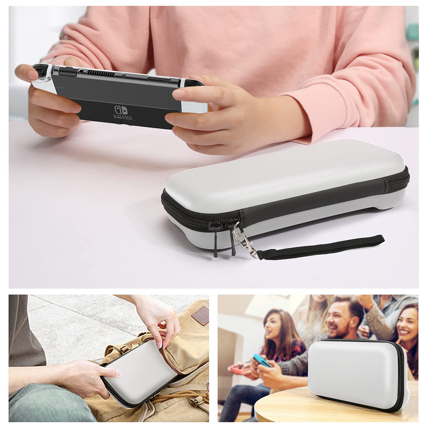 HEYSTOP Nintendo Switch OLED Carrying Case, 9 in 1 Accessories Kit for 2021 Nintendo Switch OLED with Dockable Protective Case Cover, HD Switch Screen Protector and Thumb Grip Caps (White)