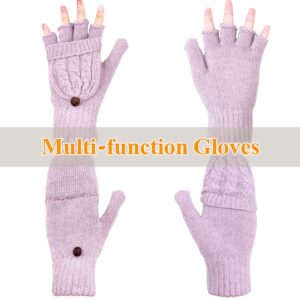 Beurlike Women's Winter Gloves Warm Wool Knitted Convertible Fingerless Mittens (Purple)