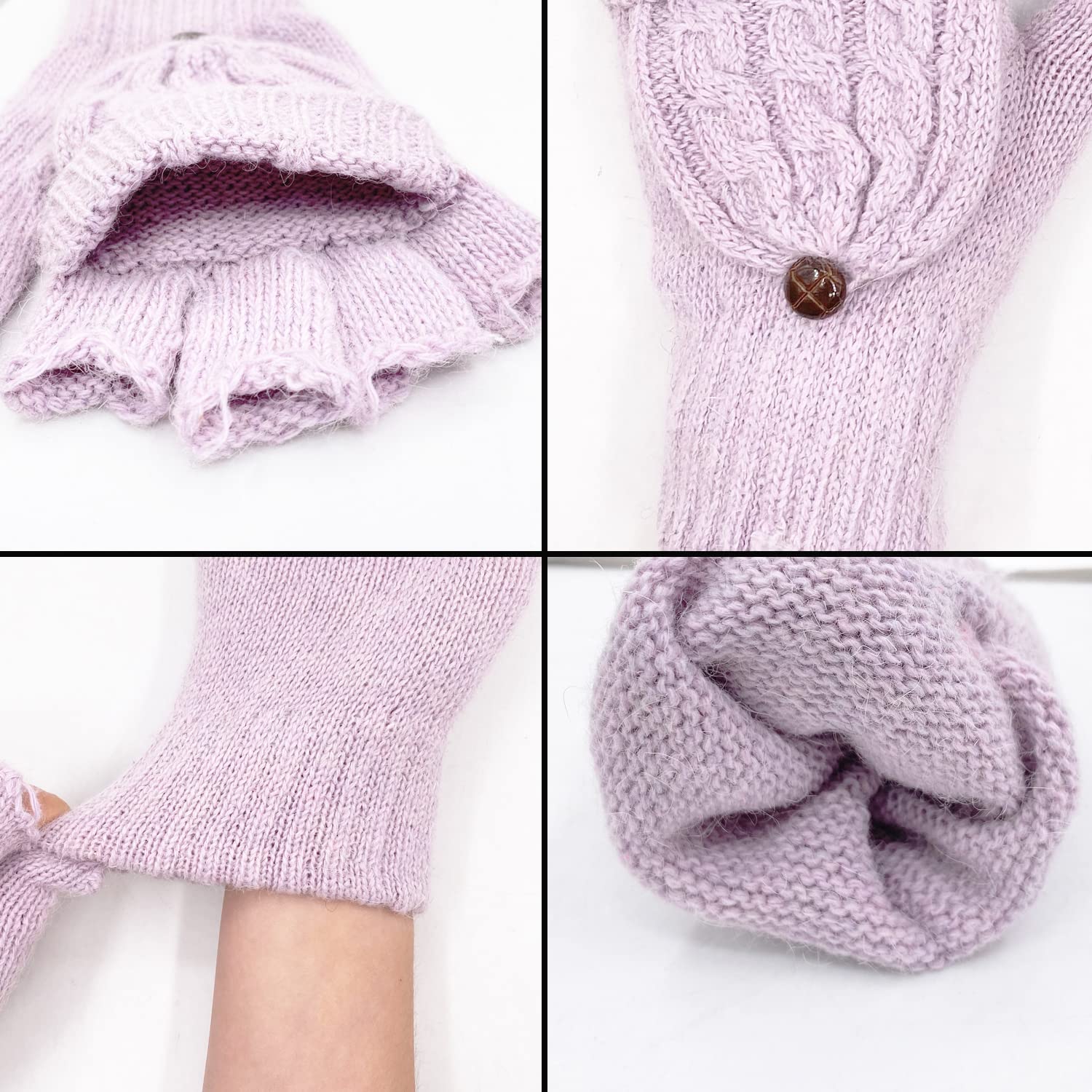 Beurlike Women's Winter Gloves Warm Wool Knitted Convertible Fingerless Mittens (Purple)