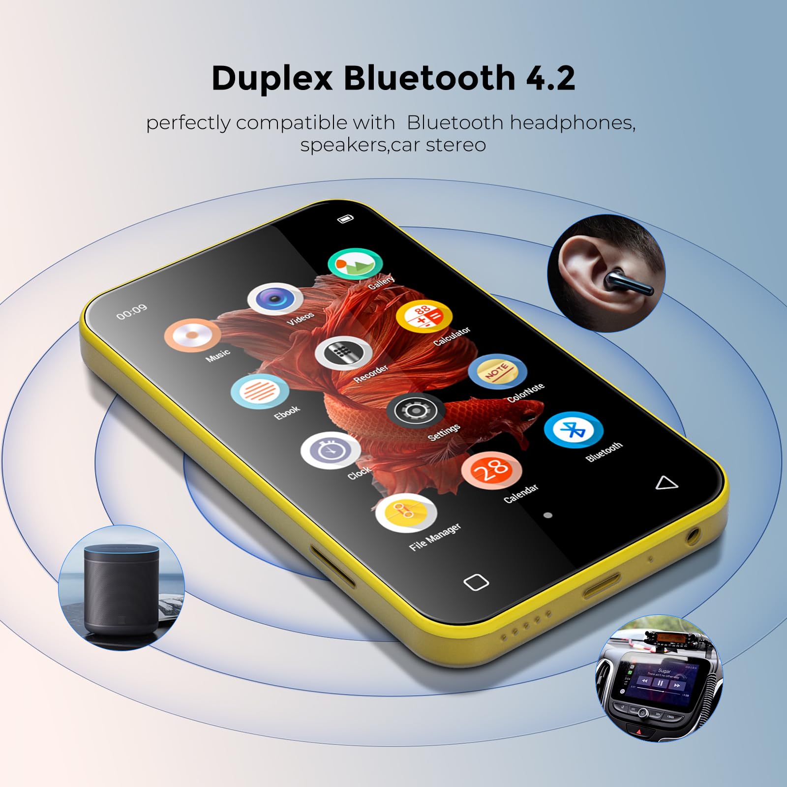 TIMMKOO 72GB MP3 Player with Bluetooth, 4.0" Full Touchscreen Mp4 Mp3 Player with Speaker, Portable HiFi Sound MP3 Player with Bluetooth, Voice Recorder, E-Book, Supports up to 512GB TF Card (Yellow)