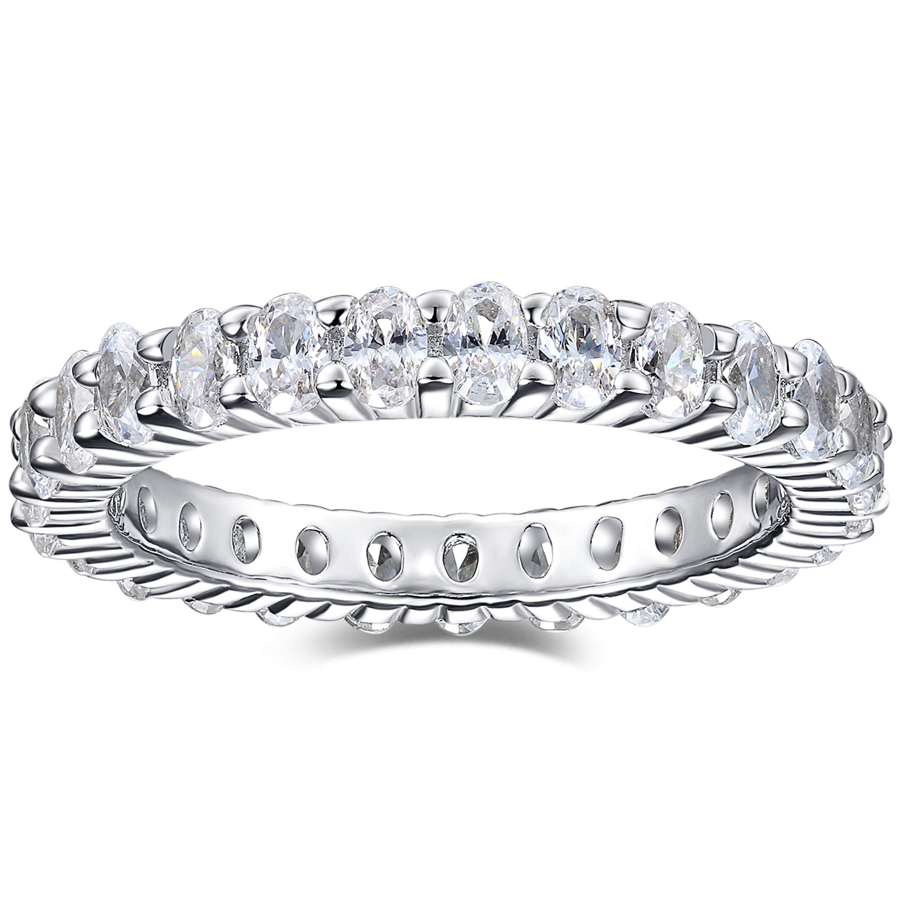 espere Rhodium Plated Sterling Silver Oval Cut CZ Stacking Eternity Ring Full Eternity Band | 3mm Cubic Zirconia Wedding Band Women's Stackable Promise Rings (Silver, 4)