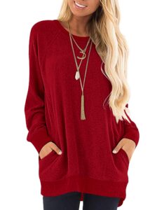 auselily womens long sleeve tunic tops casual loose fit sweatshirts round neck pullover blouse sweatshirts with pocket ruby xl