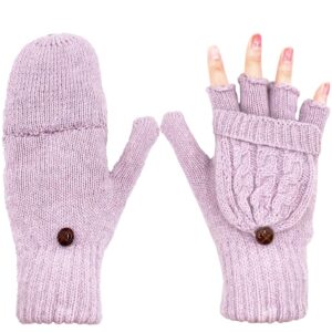 beurlike women's winter gloves warm wool knitted convertible fingerless mittens (purple)